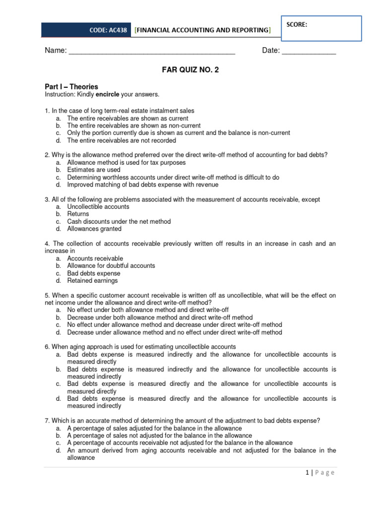 Far-Quiz 2 | PDF | Bad Debt | Discounting
