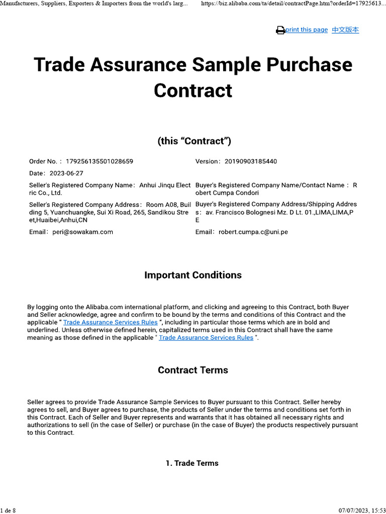 Trade Assurance Sample Purchase Contract | PDF | Technology & Engineering