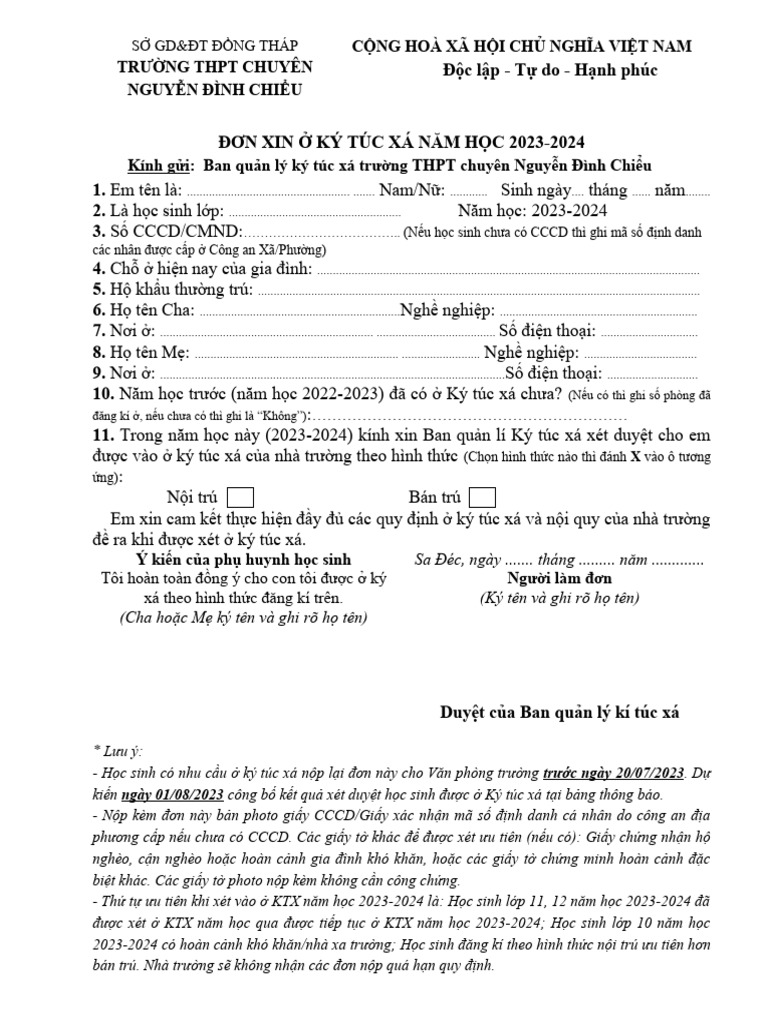 MAU DON DANG KI O KTX Nam Hoc 2023 2024 | PDF