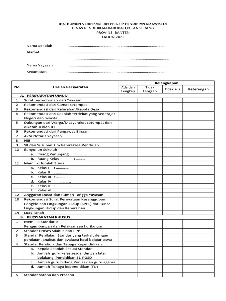 Instrumen Verifikasi Ijin Prinsip Pendirian SD Swasta1 | PDF