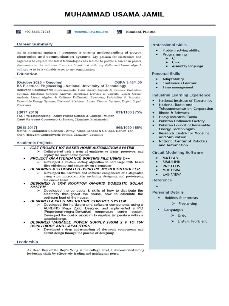 Muhammad Usama Resume | PDF | Electrical Network | Electronics