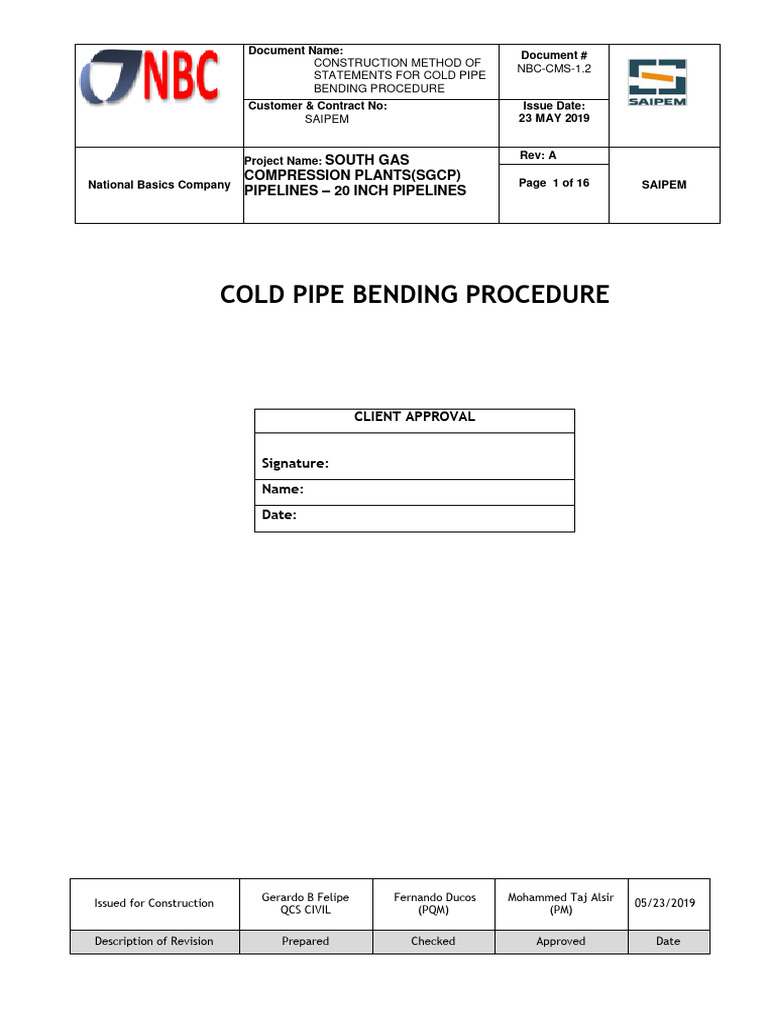 NBC - COLD PIPE BENDING PROCEDUREpdf | PDF | Pipe (Fluid Conveyance) | Sheet Metal