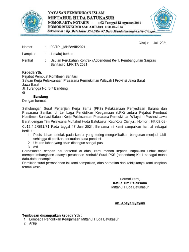 00 Draft Surat Usulan Perubahan Kontrak (Addendum) | PDF