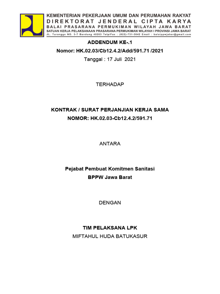 Draft Format Addendum (Waktu Atau Material) Kontrak PKS Antara PPK Dengan TPL | PDF
