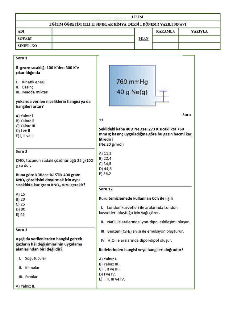 11.sinif Kimya 1.donem 2.yazili Sorulari 1 | PDF