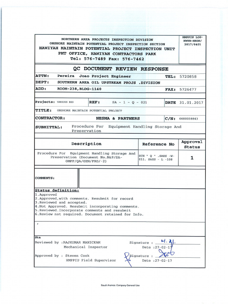 Procedure For Handling Equipment Storage & Preservation - (N&P-SA-OMPP-QA-GEN-PRO-002 REV-01) | PDF