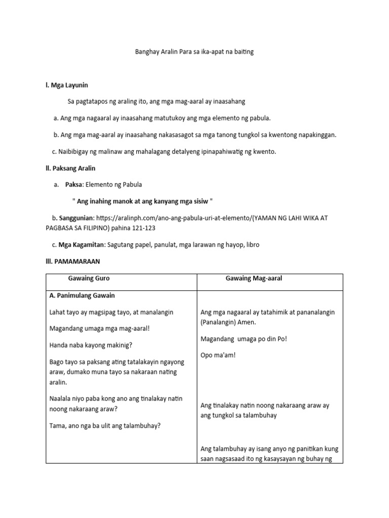 Banghay Aralin Sa Pagtuturo NG Elementarya | PDF