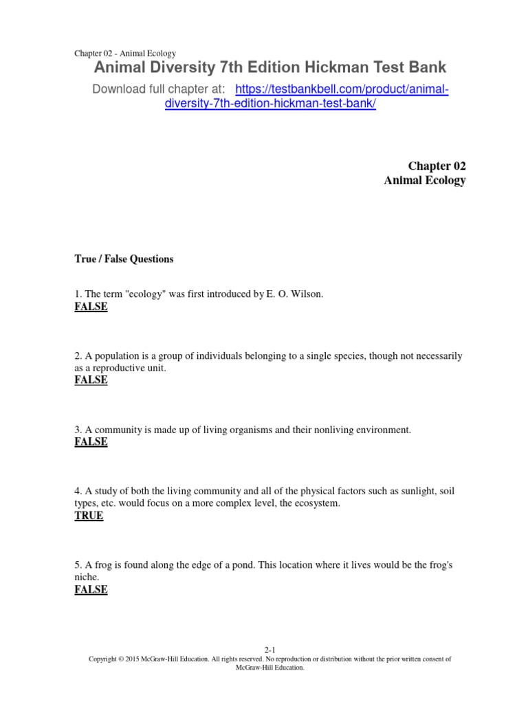 Animal Diversity 7th Edition Hickman Test Bank | PDF