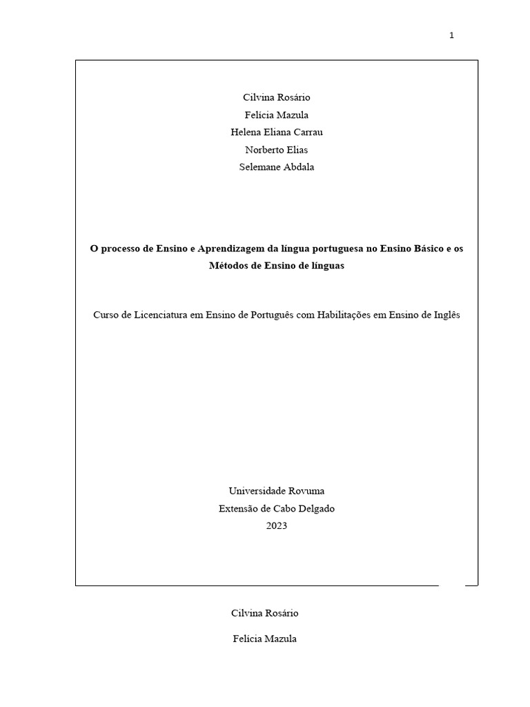 O Processo De Ensino E Aprendizagem Da Lingua Portuguesa No Ensino