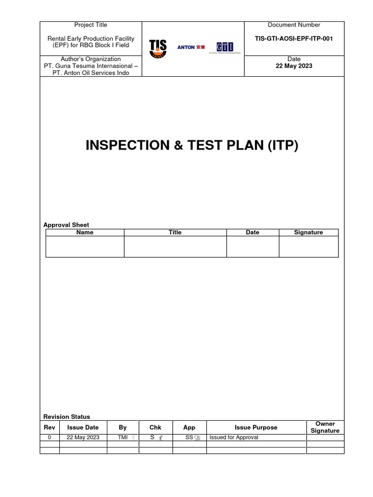 Tis-Gti-Aosi-Epf-Itp-001 Inspection Test Plan (Itp) | PDF | Welding ... Tis-Gti-Aosi-Epf-Itp-001 Inspection Test Plan (Itp) | PDF | Welding ...