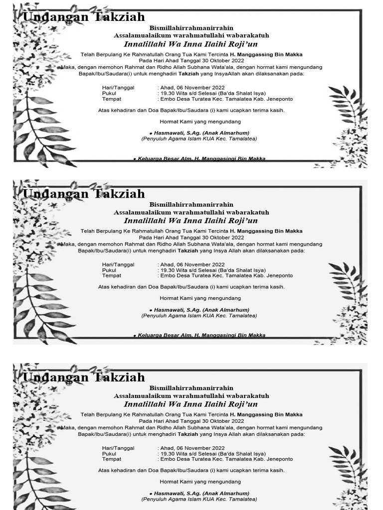 Undangan Takziah H. Manggassing Bin Makka | PDF