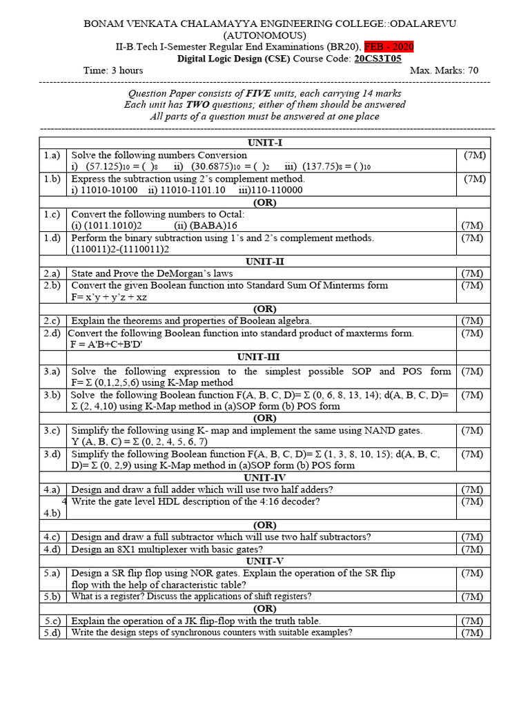 Model Paper - B.Tech - DLD (II-I CAD) | PDF | Digital Electronics ...