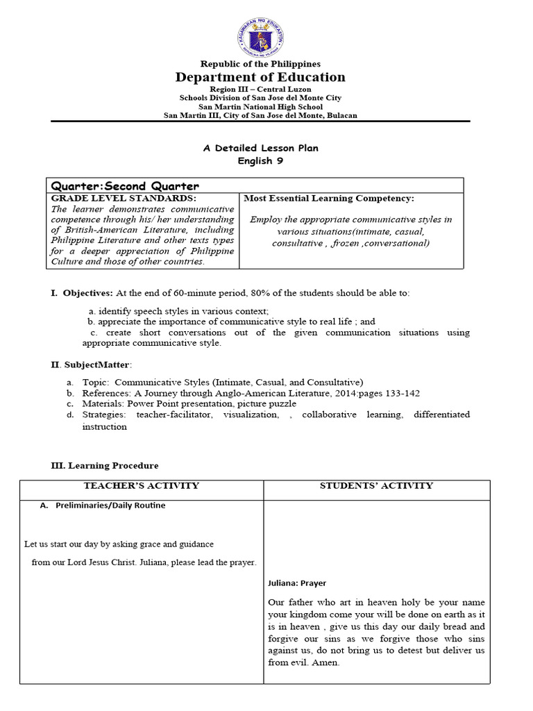 Lesson Plan Co1 Sy2022-2023 | PDF | Communication | Conversation