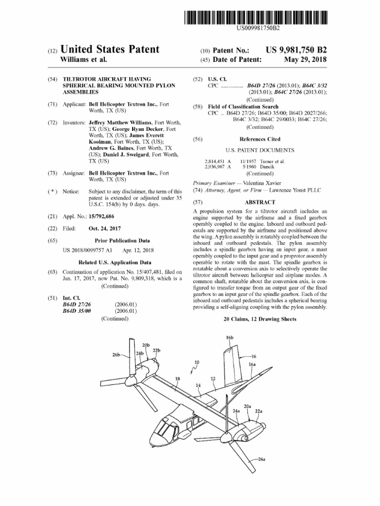 US9981750 Tiltrotor Aircraft Having Spherical Bearing Mounted Pylon ...