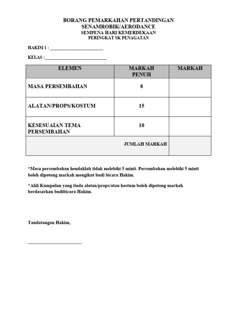 Borang Markah Pertandingan Senamrobik | PDF