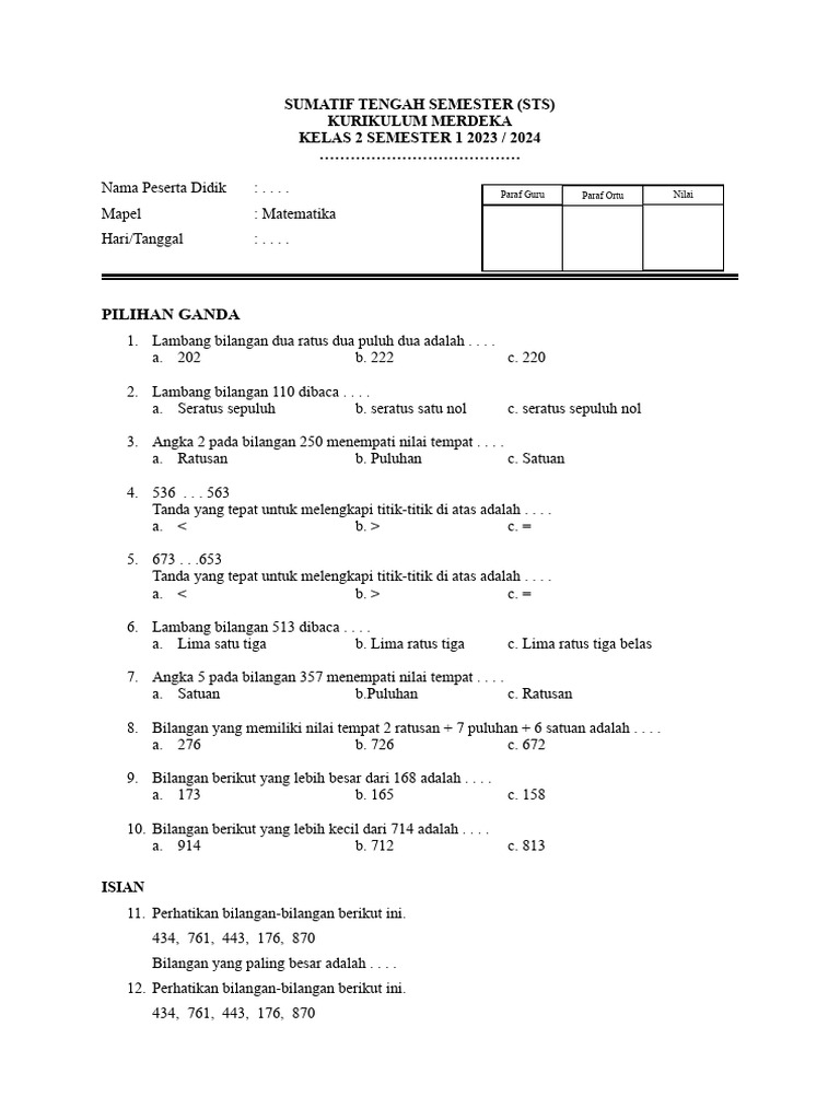 Soal STS KLS 2 Matematika | PDF