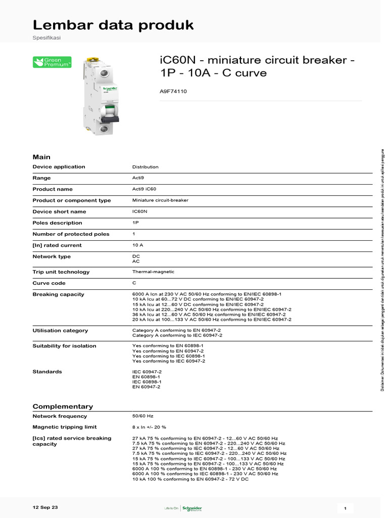 MCB For Protection - Acti9 Ic60 - A9F74110 | PDF | Alternating Current ...