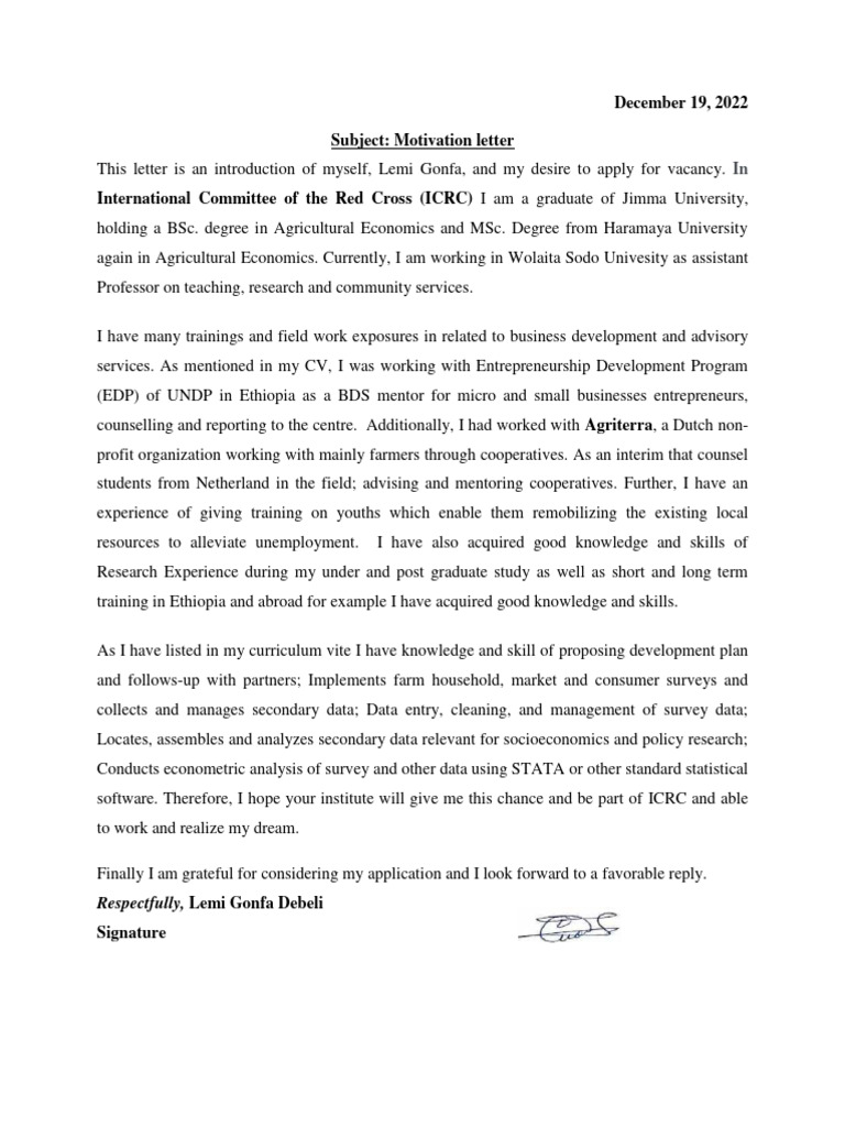 ICRC Job Application Motivation Letter | PDF
