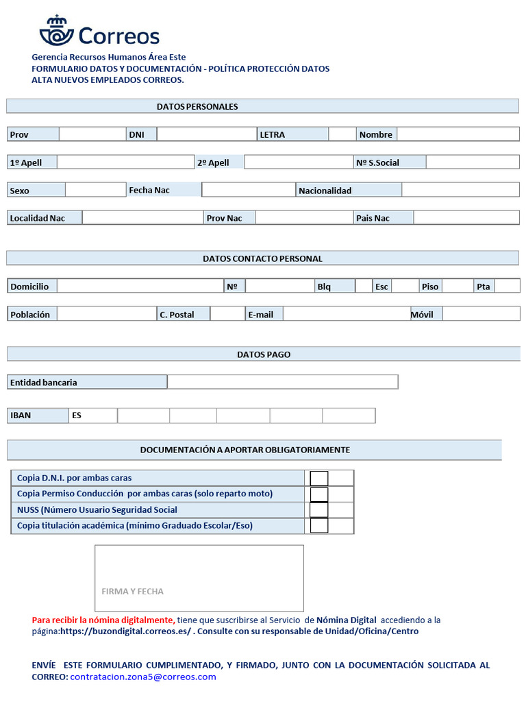 Formulario - Datos - Nuevos Empleados - Correos - 07 - 2023 | PDF