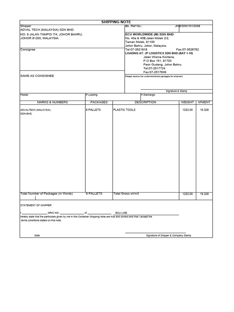 Ecu Shipping Note | PDF | Secondary Sector Of The Economy | Consumer Goods