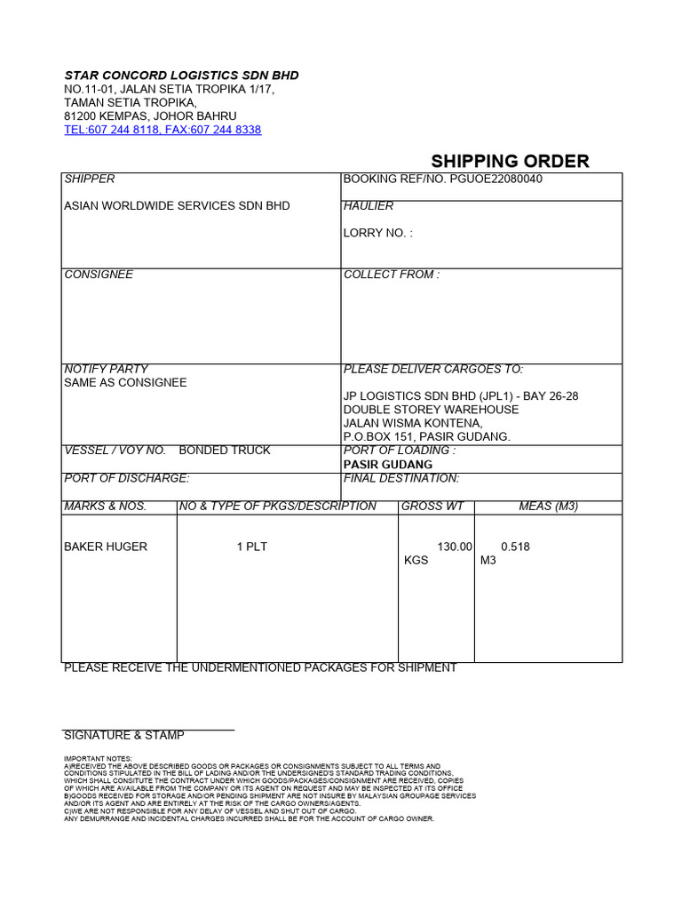 Star Concord Shipping Order Details | PDF