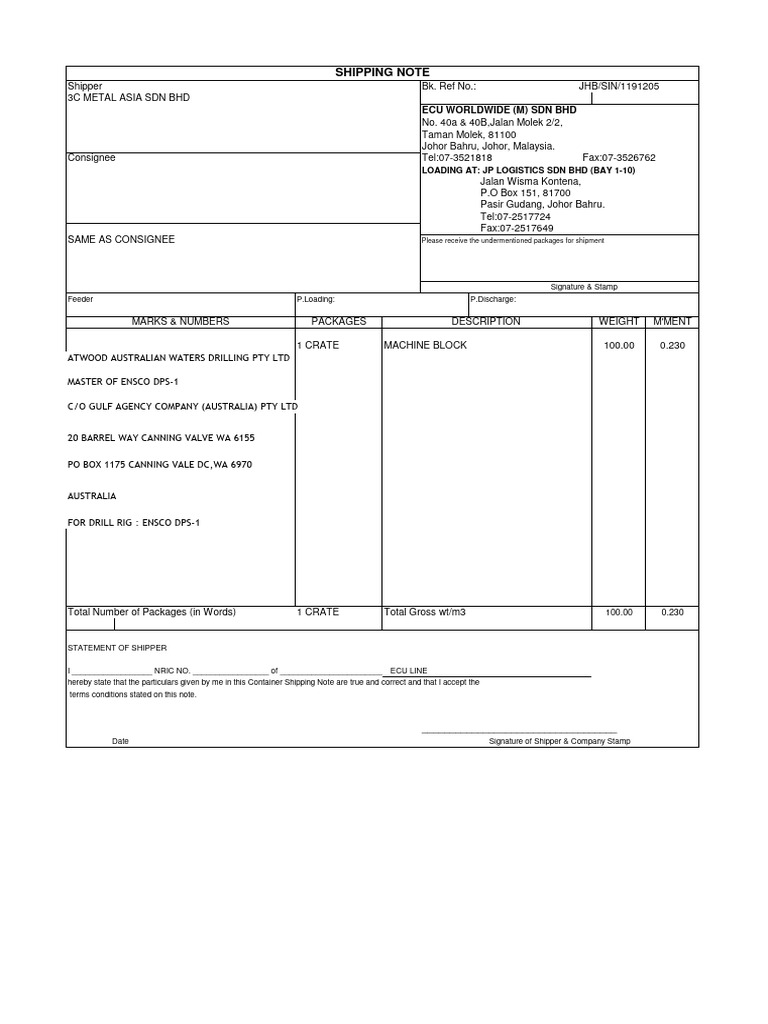 Shipping Note | PDF | Supply Chain Management | Transport