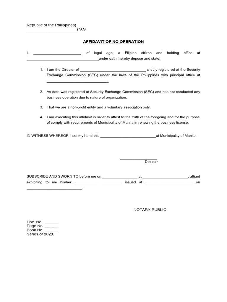 Affidavit of No Operation for SEC | PDF | Finance & Money Management