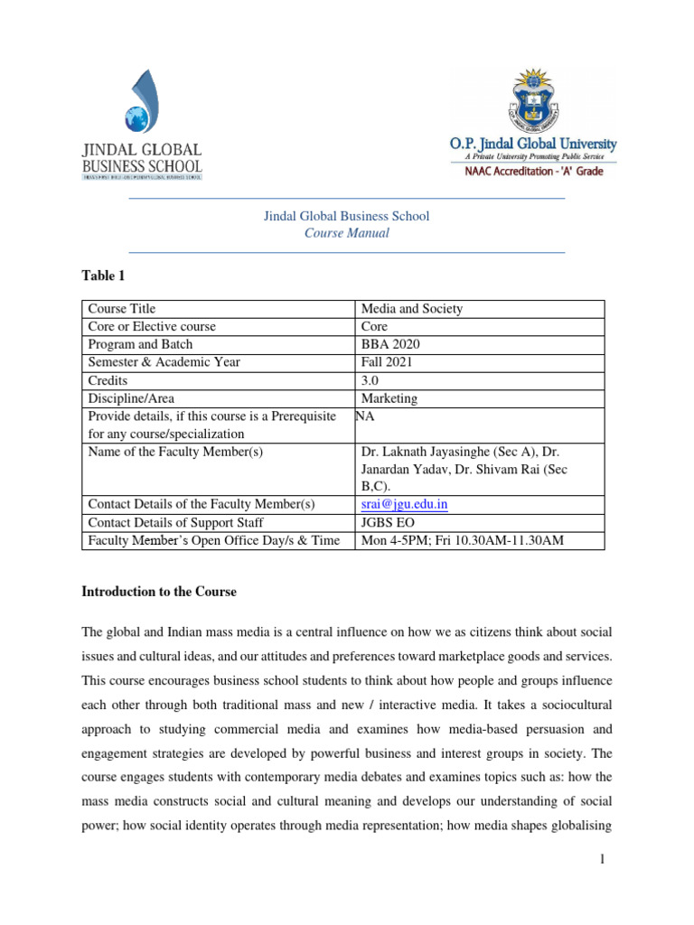 Course Outline - Media and Society - BBA 2020 - Fall 2021 | PDF | Hegemony | Lecture