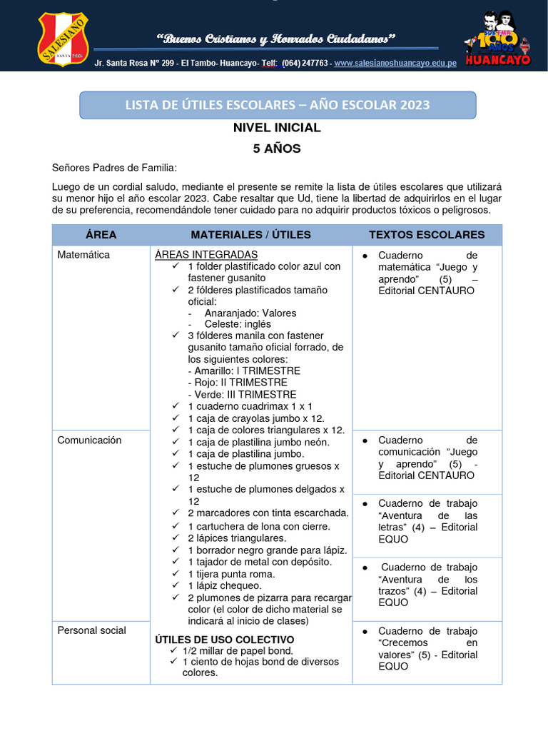 Lista de Útiles Escolares 5 Años 2023 | PDF | Lápiz | Materiales de ...