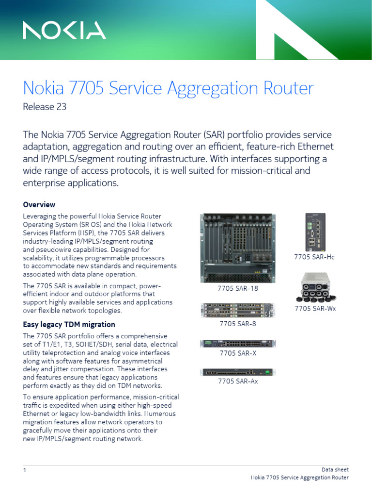 Nokia 7705 SAR Data Sheet Overview | PDF | Networking | Multiprotocol ...