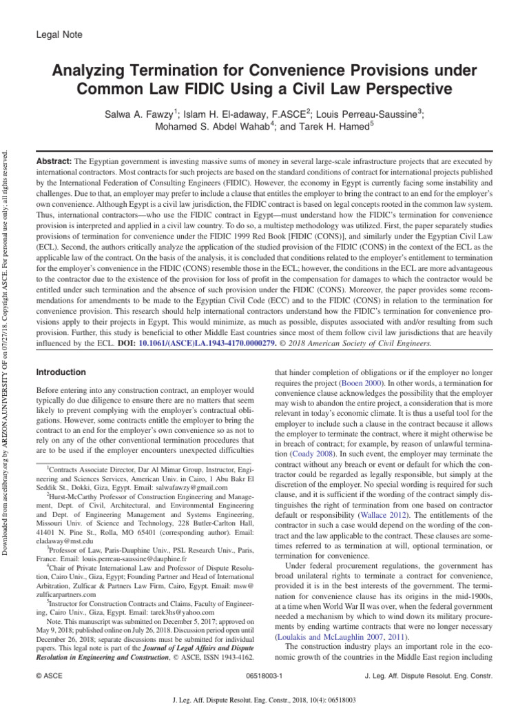 Analyzing Termination For Convenience Provisions Under Common Law FIDIC Using A Civil Law ...