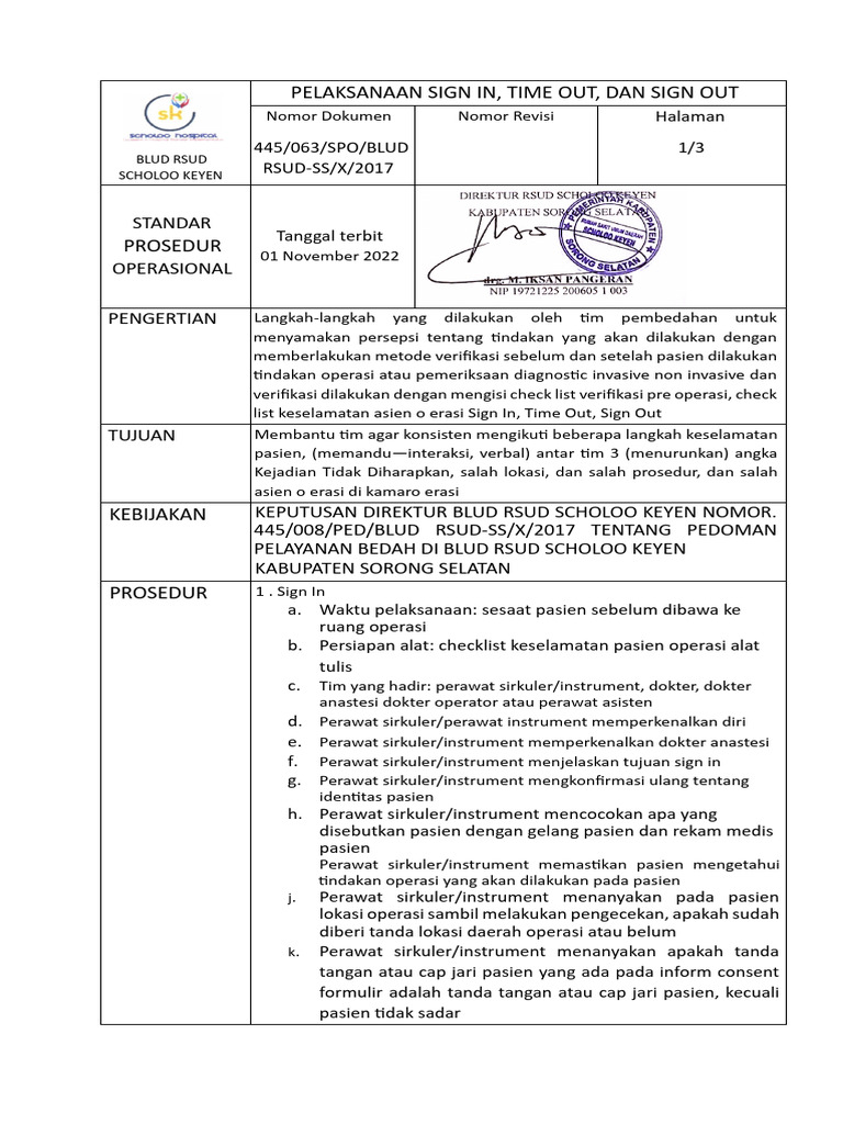 11 SPO Pelaksanaan Sign In, Time Out, Dan Sign Out | PDF