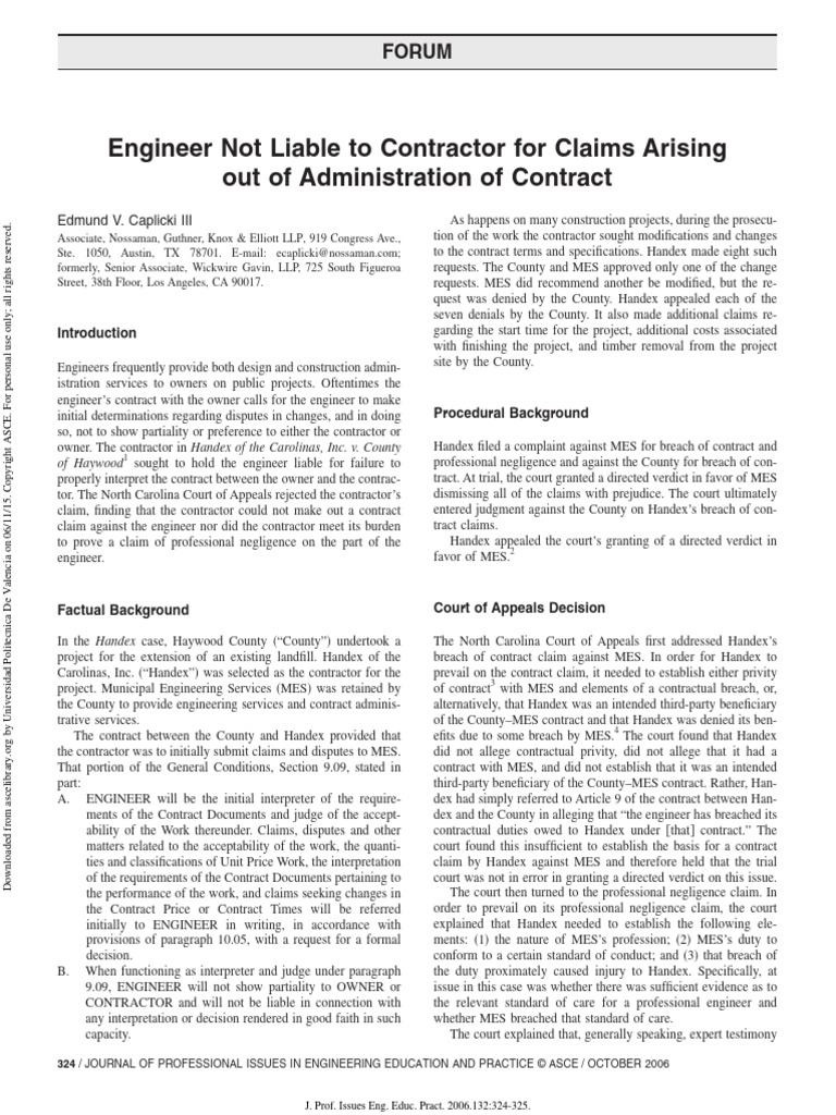 Engineer Not Liable To Contractor For Claims Arising Out of ...