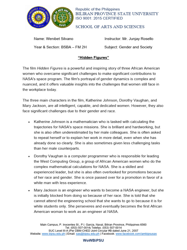 Gender and Society Reflection | PDF | Katherine Johnson | Hidden Figures