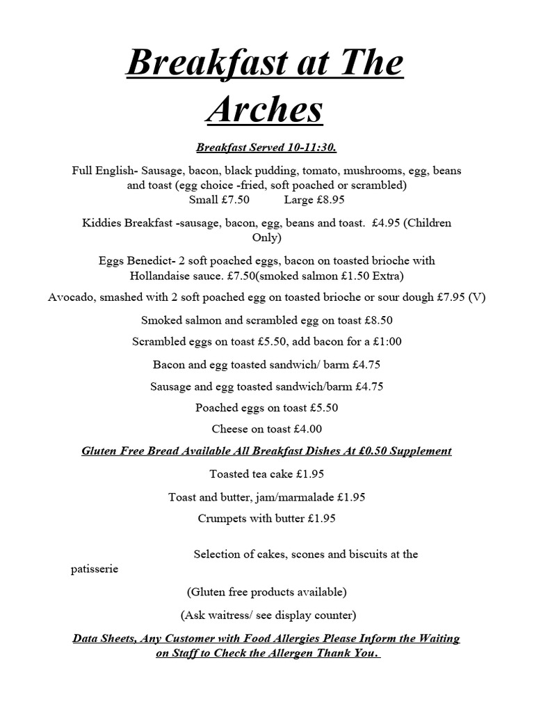 Breakfast at The Arches With Hot Drinks Menu | PDF | Scone | Foods