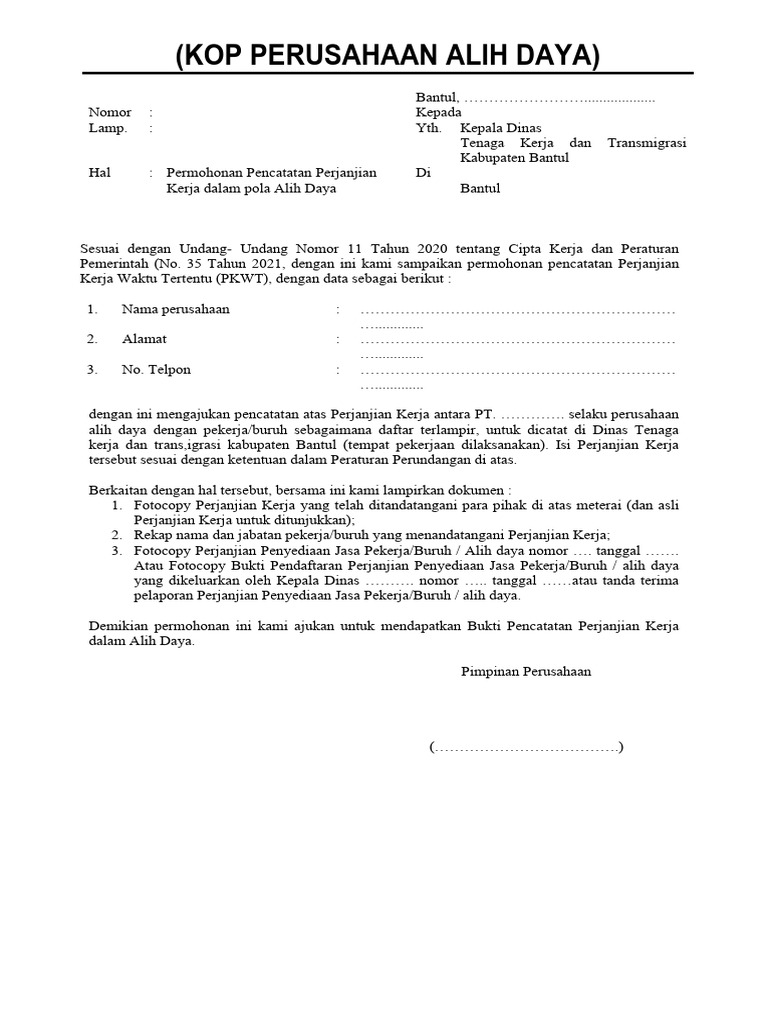 Form Permohonan Pencatatan PKWT Alih Daya | PDF