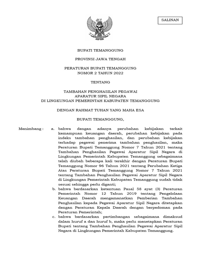 Perbup Temanggung No 2 Tahun 2022 Tentang TPP | PDF