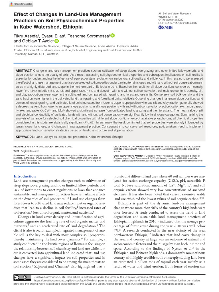 Assefa Et Al 2020 Effect of Changes in Land Use Management Practices On Soil Physicochemical ...