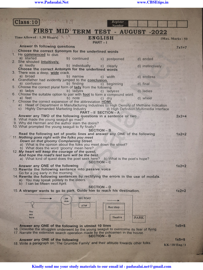 10th English EM 1st Mid Term Exam 2022 | PDF