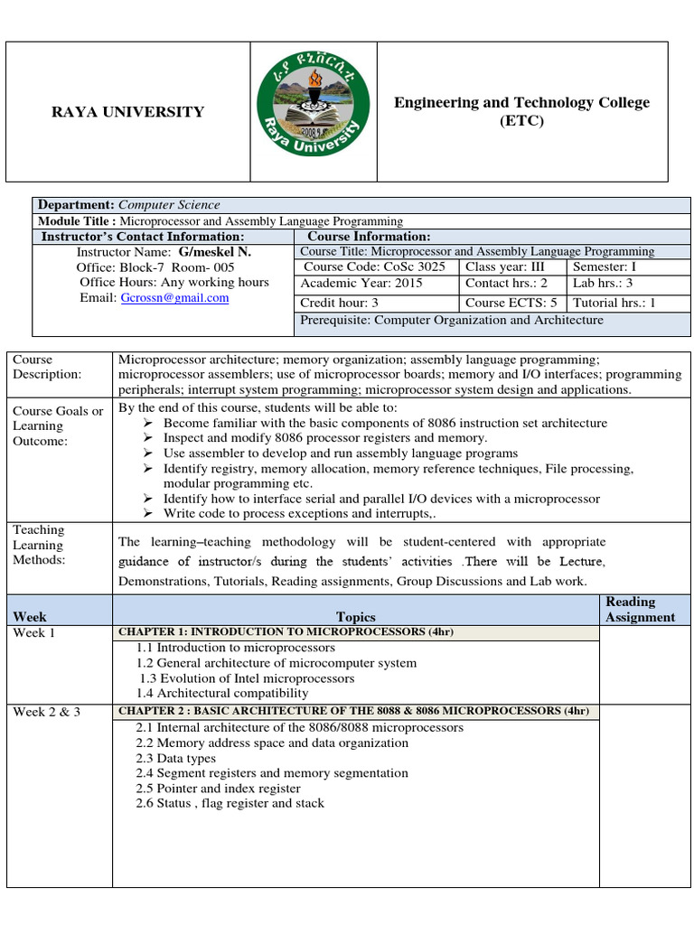 Course Plan Microprocessor and Assembly LL | PDF | Programming | Computer Program