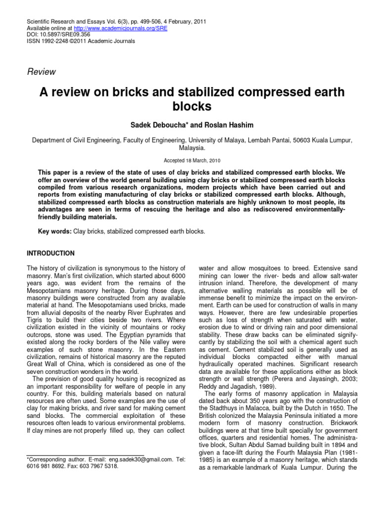 A Review On Bricks and Stabilized Compressed Earth | PDF | Brick | Masonry