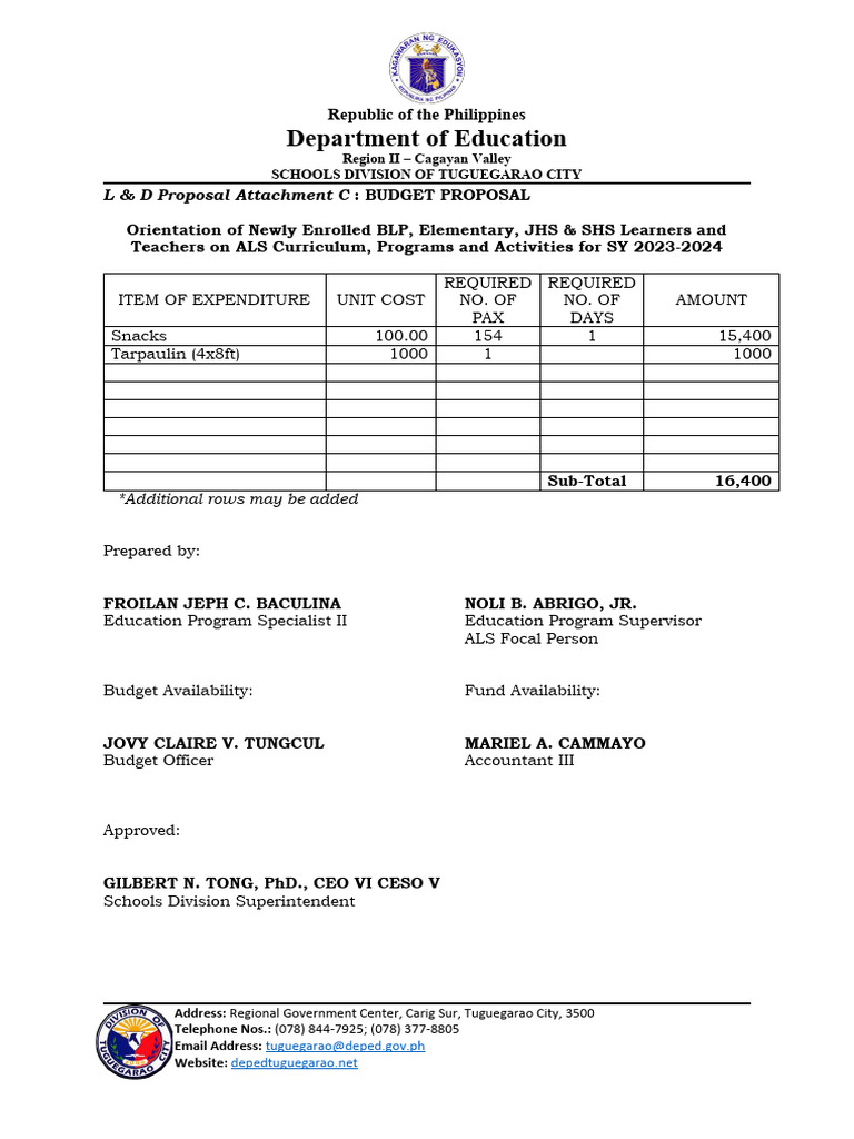 Budget Proposal Orientation of New Learners | PDF