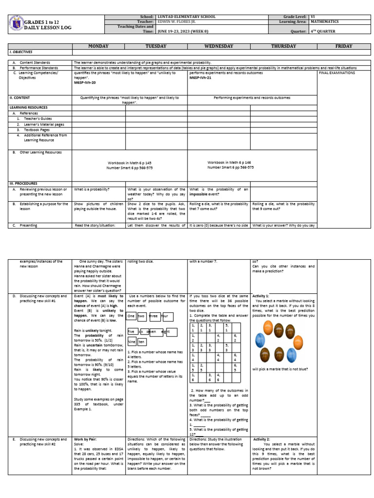 DLL - Mathematics 6 - Q4 - W8 | PDF | Probability | Odds