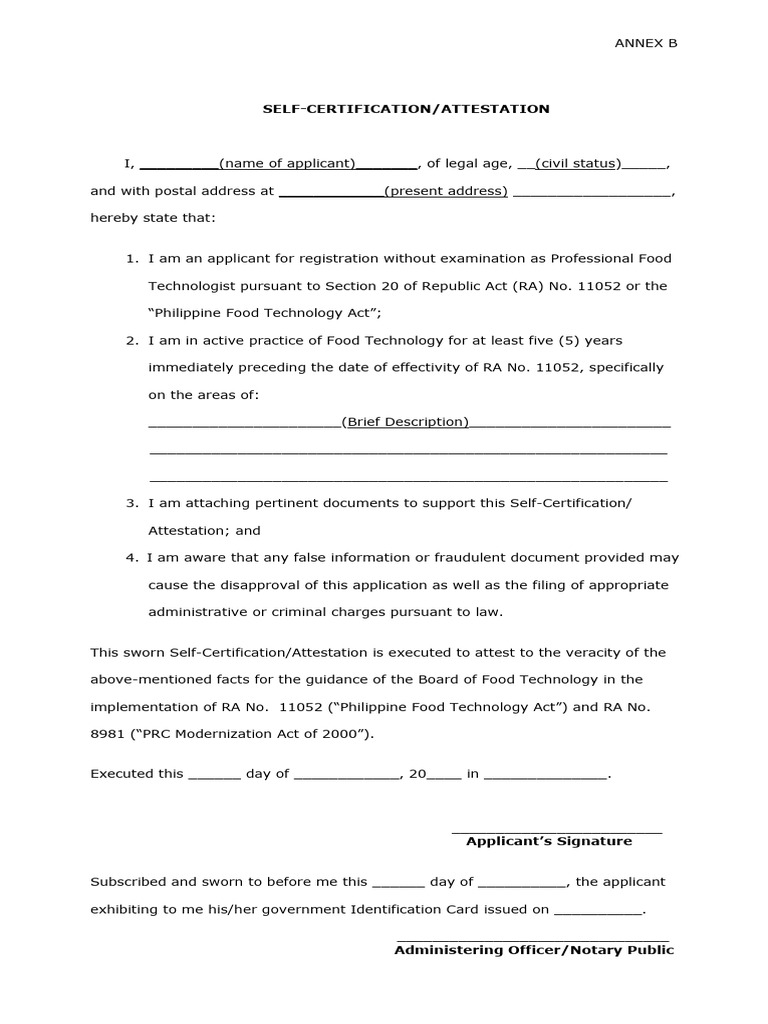 2022-02 Annex B Self-Declaration Reg Without Exam (Food Tech) | PDF