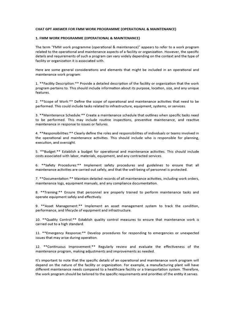 Chat GPT - FMM Work Programme | PDF | Safety | Regulatory Compliance Chat GPT - FMM Work Programme | PDF | Safety | Regulatory Compliance