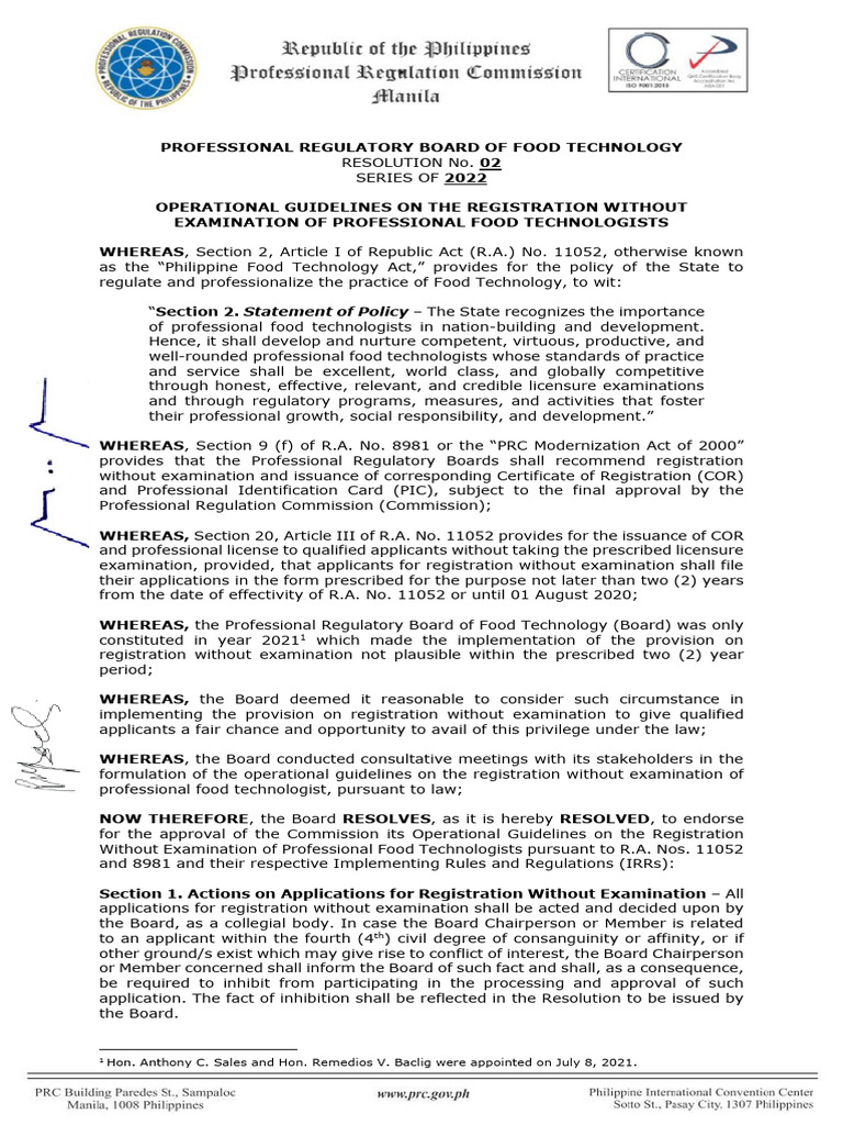 2 Guidelines On The Registration Without Examination of Professional Food Technologists Resol ...