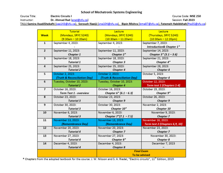 MSE 250 - Course Schedule - Fall 2023 - Revised | PDF | Engineering