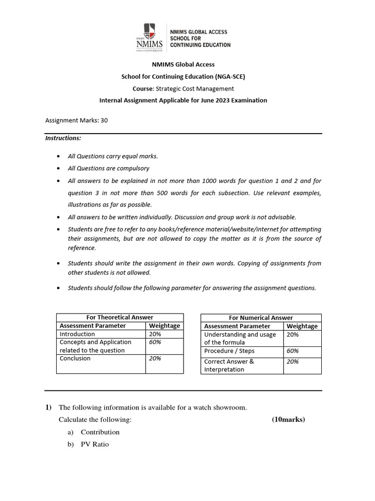 Strategic Cost Management - Assignment June 2023 eVYtbt4jDr | PDF | Cost Accounting | Business