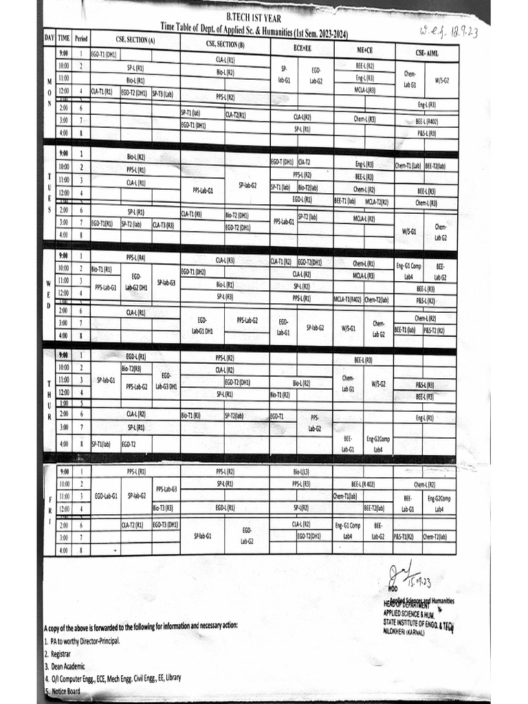 Time Table - B.tech 1st Year | PDF