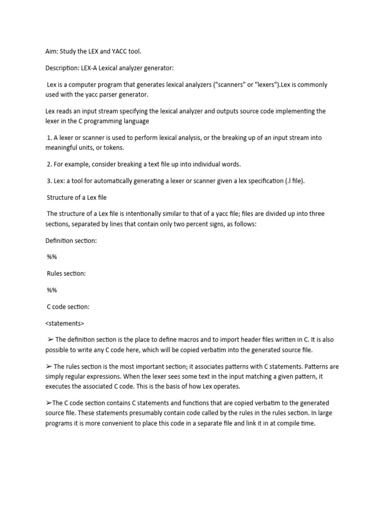LEX and YACC | PDF | Computer Programming | Computer Science LEX and YACC | PDF | Computer Programming | Computer Science